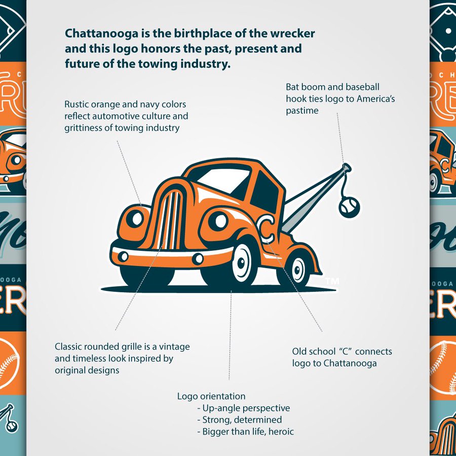 The primary mark features a vintage wrecker in orange inspired by ...