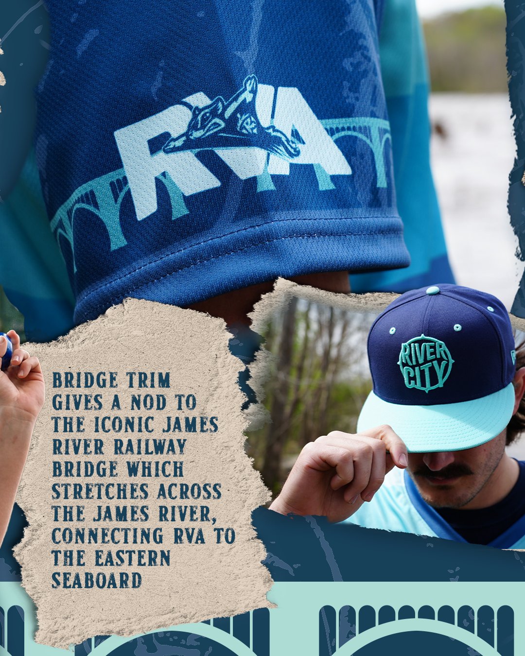 A sleeve patch features the historic James River Railway Bridge, also ...