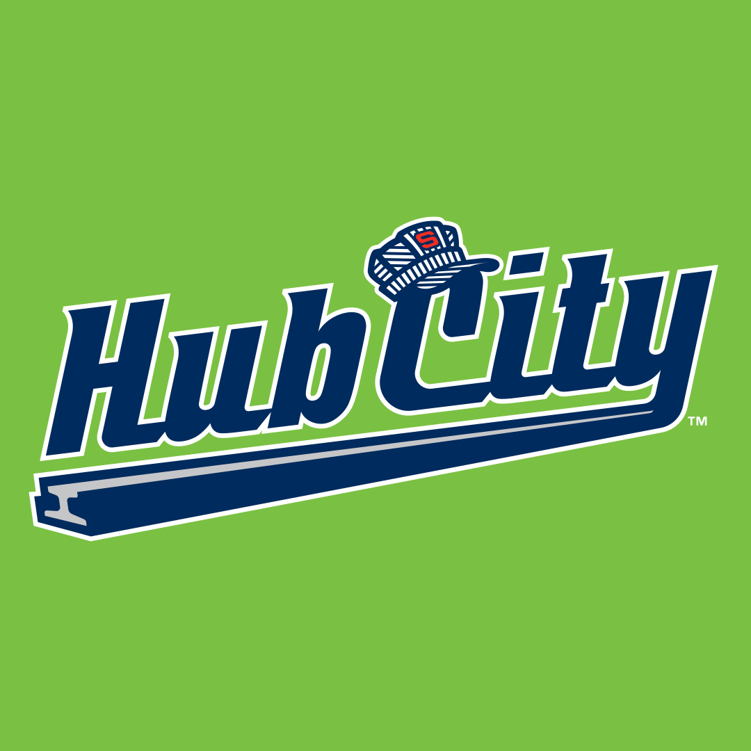A Hub City script is underscored by the rail of a railroad track, with ...