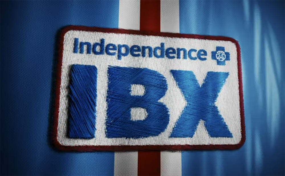 The Phillies’ Independence IBX patch recoloured for their throwback set