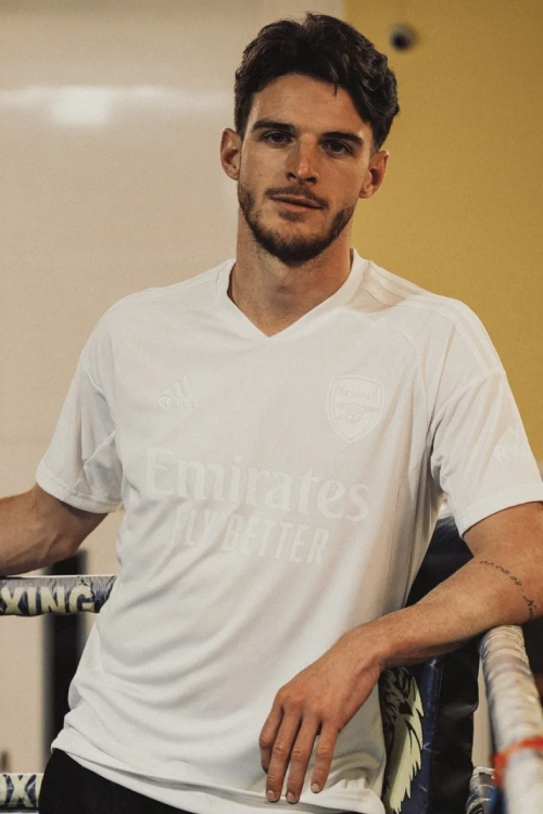 Arsenal midfielder Declan Rice modeling the 2025 version of the No More ...