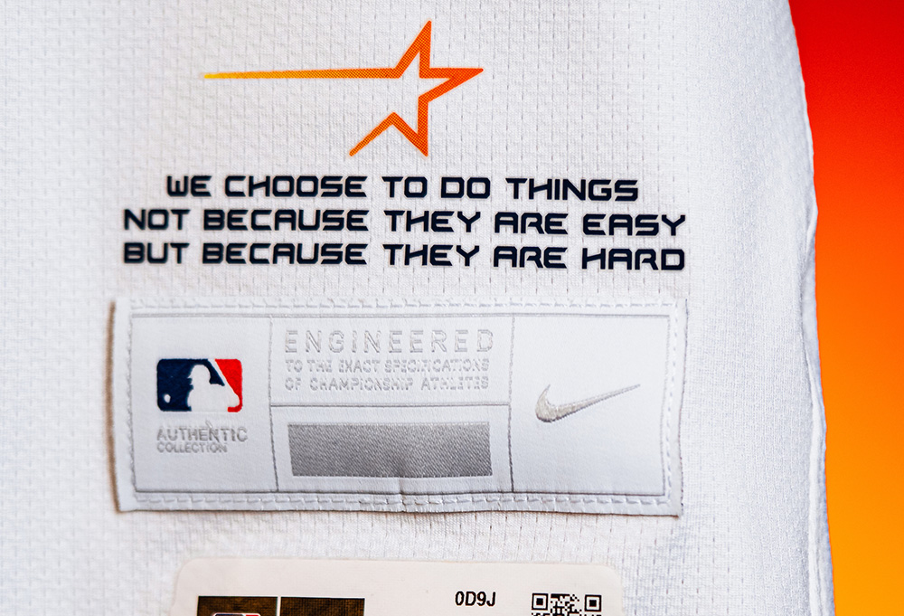 The jersey neckline features the phrase “Space City,” set against a ...