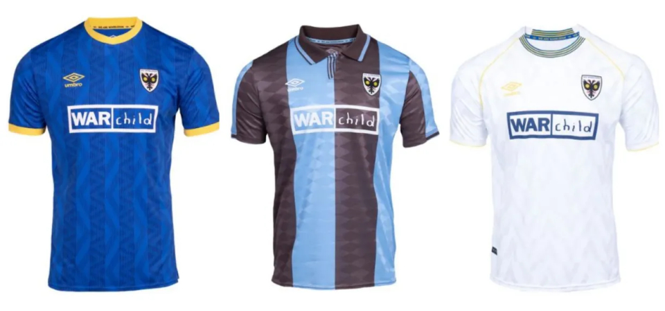 AFC Wimbledon’s (L-R) home, away and third kits for 2024-25. (Courtesy ...