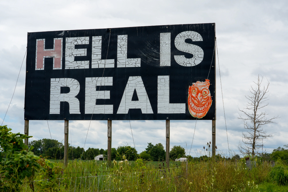 The Hell is Real billboard along Interstate 71 between Columbus and Cincinnati, Ohio, in August ...