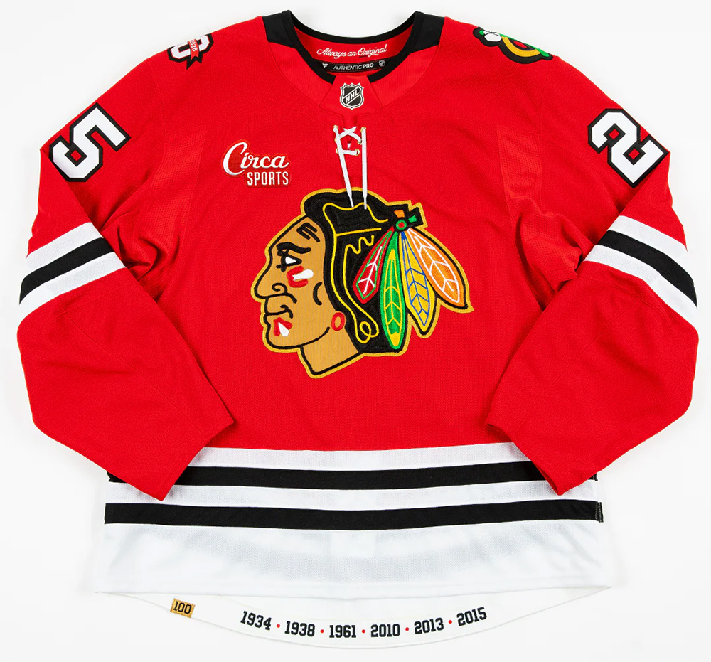 Along the inside of the hem, the six years in which the Blackhawks won the Stanley Cup — 1934 ...